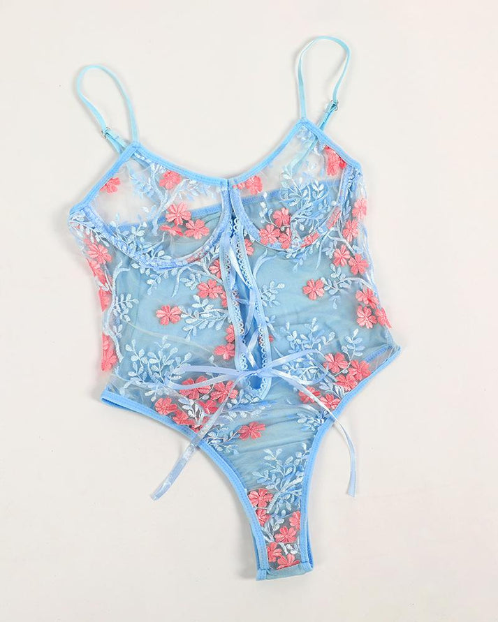 Floral Embroidery Sheer Mesh Lace up Skinny Teddy – AvocadoMall